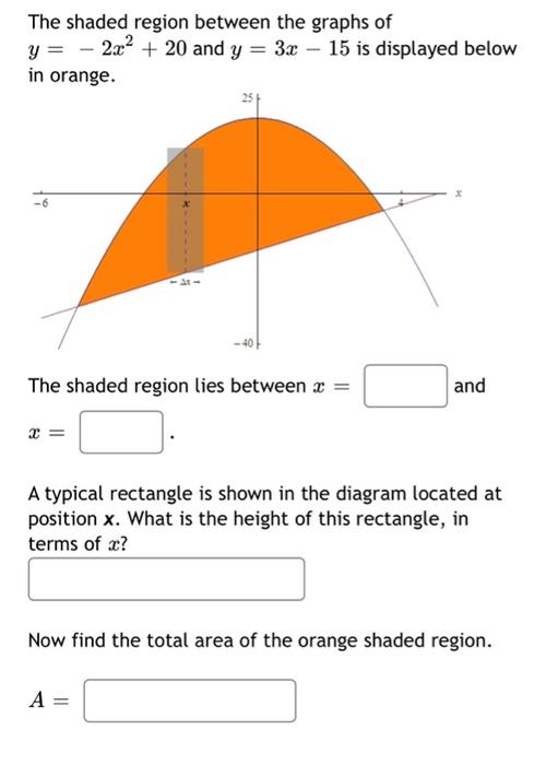 Solved The shaded region between the graphs of y=−2x2+20 and | Chegg.com