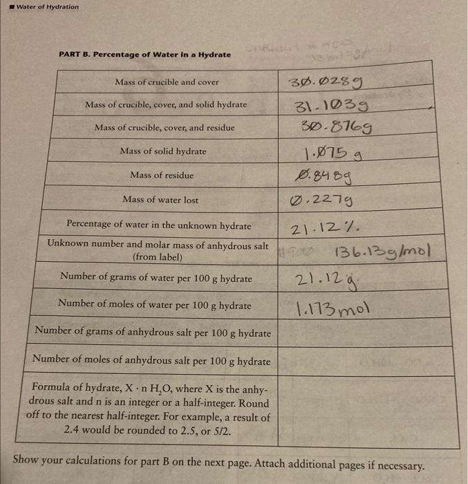 Solved Water of Hydration PART B. Percentage of Water in a | Chegg.com