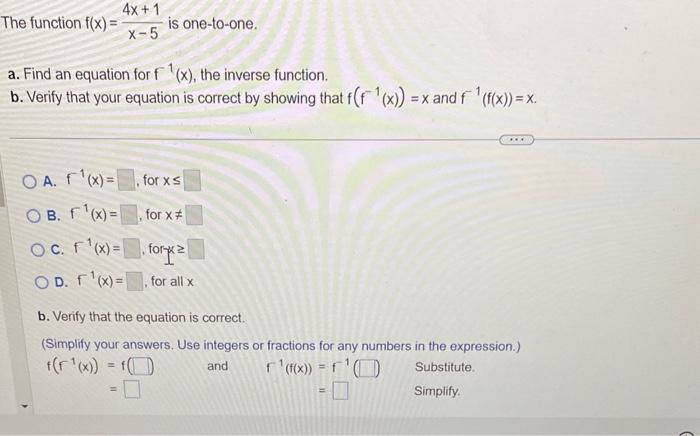 Solved function f(x)=x−54x+1 is one-to-one. Find an equation | Chegg.com