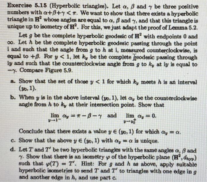 Exercise 5.15 (Hyperbolic triangles). Let a, B and , | Chegg.com