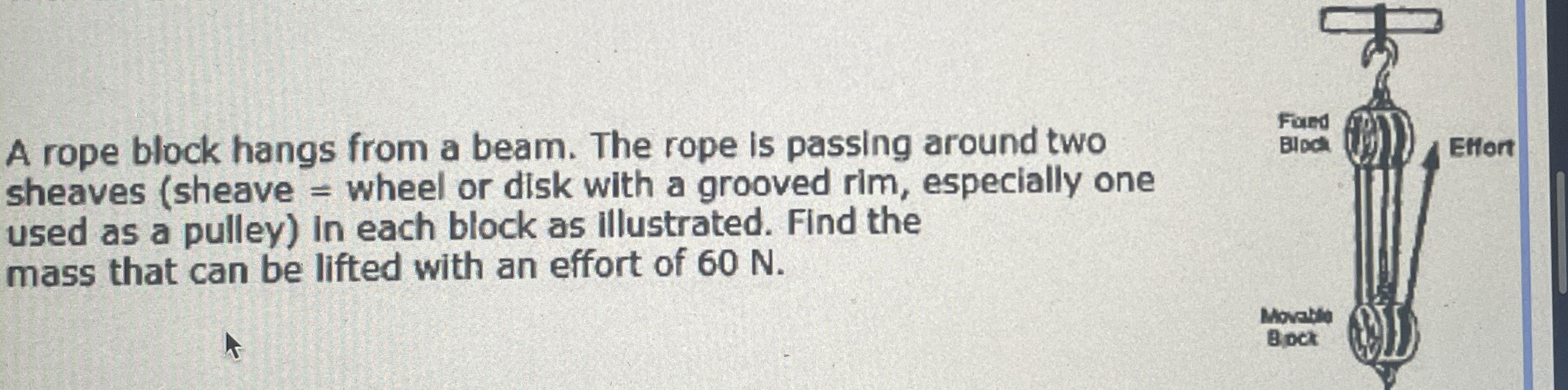 Solved A rope block hangs from a beam. The rope is passing | Chegg.com