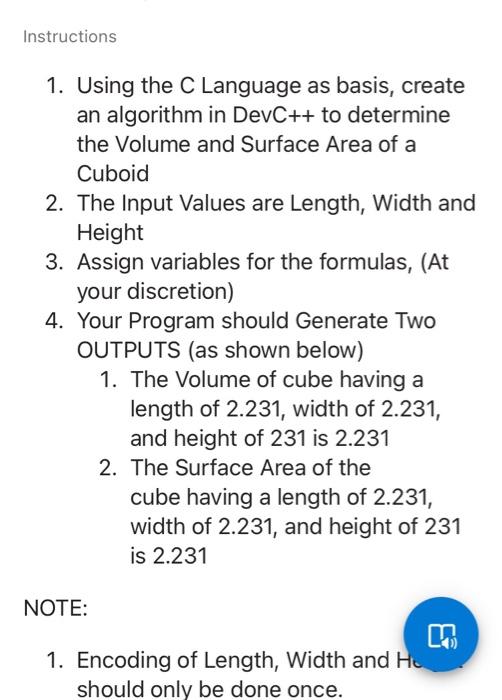 Solved Instructions 1. Using the C Language as basis, create | Chegg.com