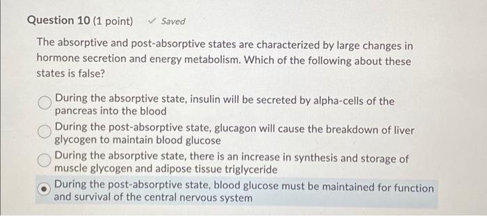 Solved Question 10 (1 point) Saved The absorptive and | Chegg.com