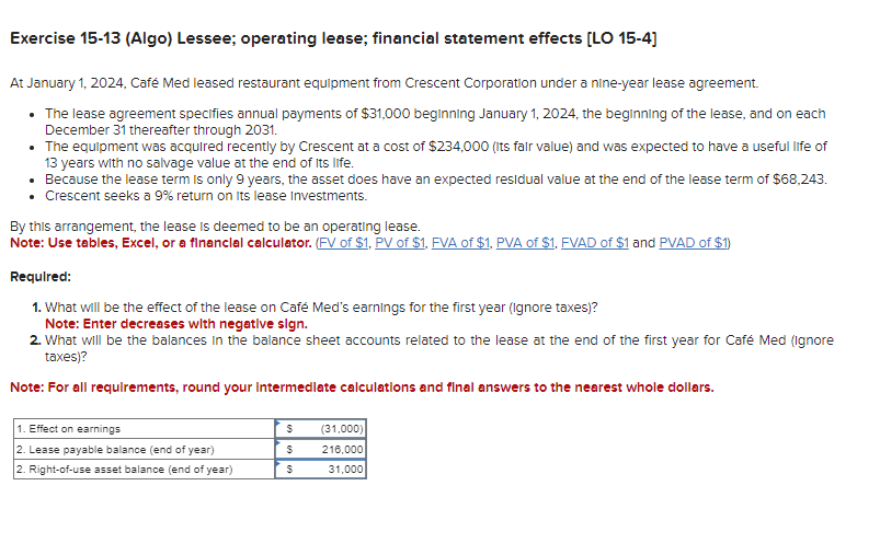 Solved Exercise 15-13 (Algo) ﻿Lessee; operating lease; | Chegg.com