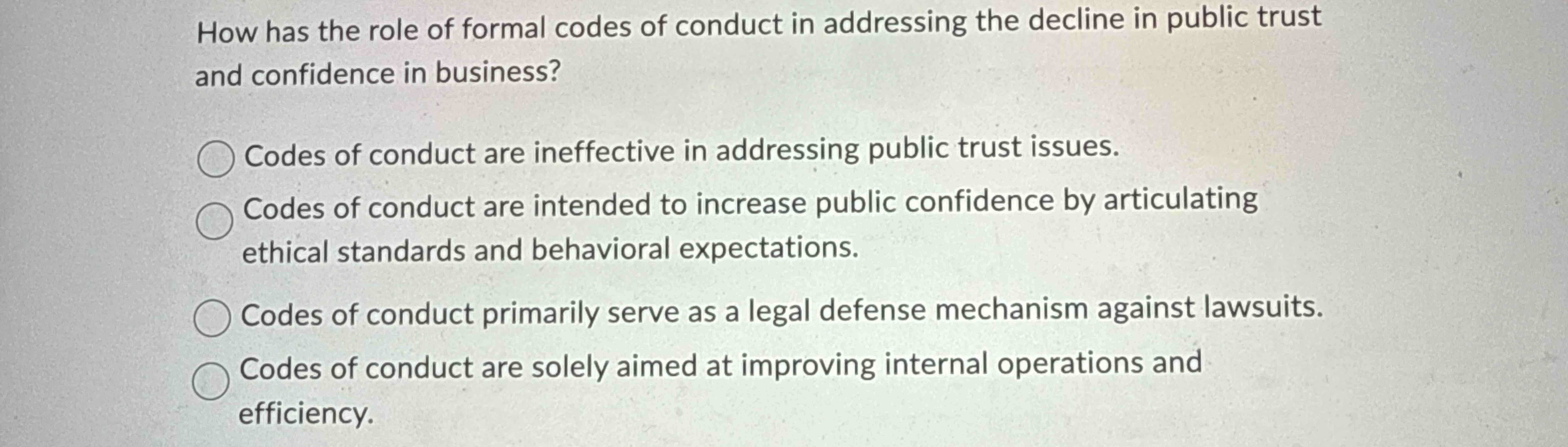 Solved How has the role of formal codes of conduct in | Chegg.com