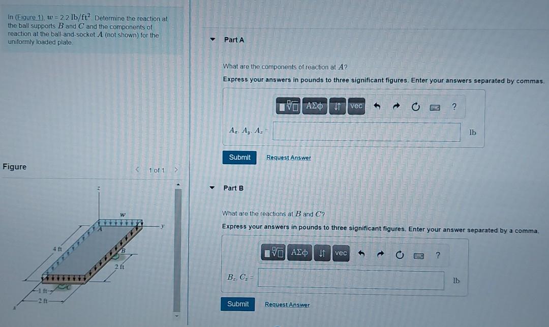 Solved In (Figure 1). W = 2.2 lb/ft? Determine the reaction | Chegg.com