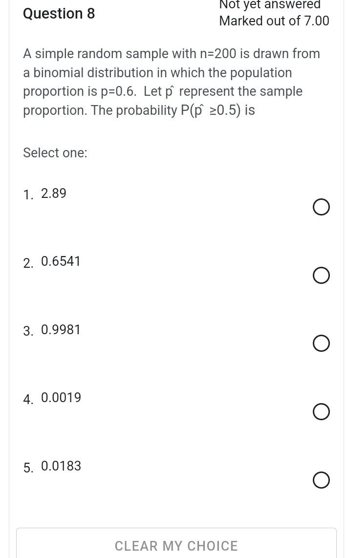 Solved Question 8 Marked out of 7.00 A simple random sample | Chegg.com