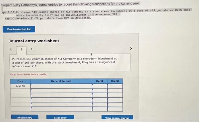 Solved Prepare Riley Company's journal entries to record the | Chegg.com