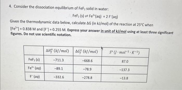 Solved 4. Consider the dissociation equilibrium of FeF2 | Chegg.com