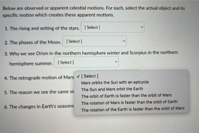 Solved Below are observed or apparent celestial motions. For | Chegg.com