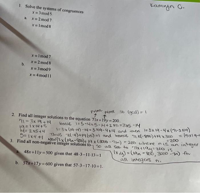 Solved 1. Solve the systems of congruences x=3mod5 a. | Chegg.com