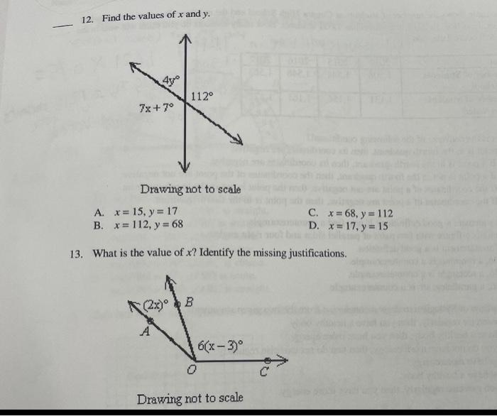 Solved 12. Find the values of x and y. Drawing not to scale | Chegg.com