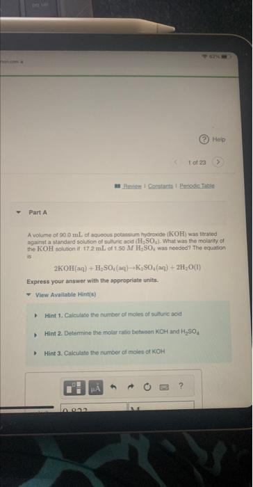 Solved A volume of 90.0 mL of aqueous potassium hydroxide | Chegg.com