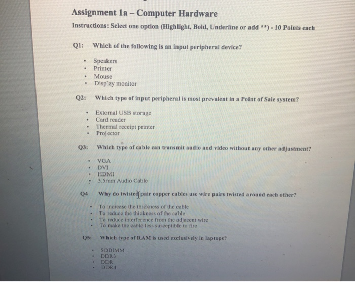 Solved Assignment la - Computer Hardware Instructions: | Chegg.com