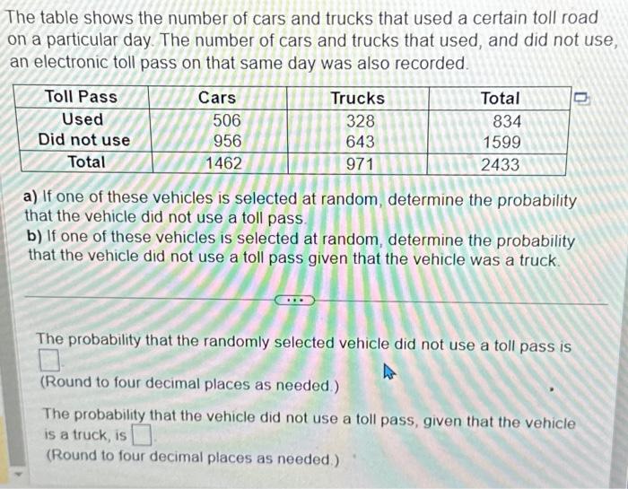Solved The table shows the number of cars and trucks that | Chegg.com