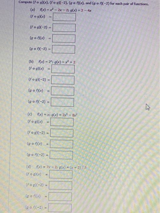 Solved Compute (fog)(x), (fog)(-2), (gof)(x), and (of(-2) | Chegg.com