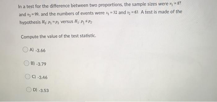 Solved In a test for the difference between two proportions, | Chegg.com
