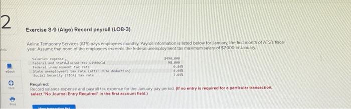 Exercise 8-9 (Algo) Record poyroll (LOB-3) yes. | Chegg.com