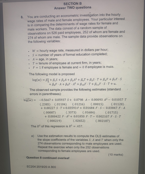 Solved ( econometrics) clearer picture of same Question 8 a | Chegg.com