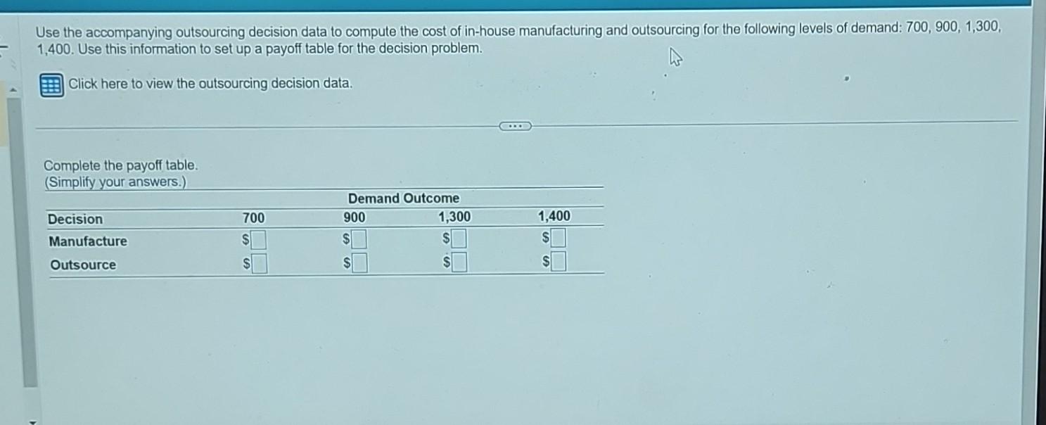 Solved Use the accompanying outsourcing decision data to | Chegg.com Solved Use the accompanying outsourcing decision data to | Chegg.com