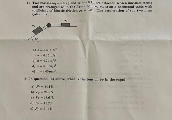 Solved 14. Two masses m1=8.0 kg and m2=2.0 kg are attached | Chegg.com