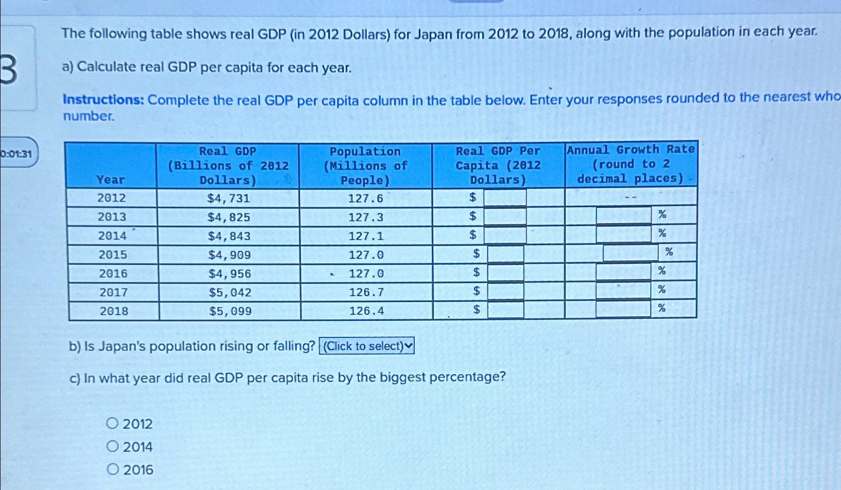 Solved The following table shows real GDP (in 2012 ﻿Dollars) | Chegg.com