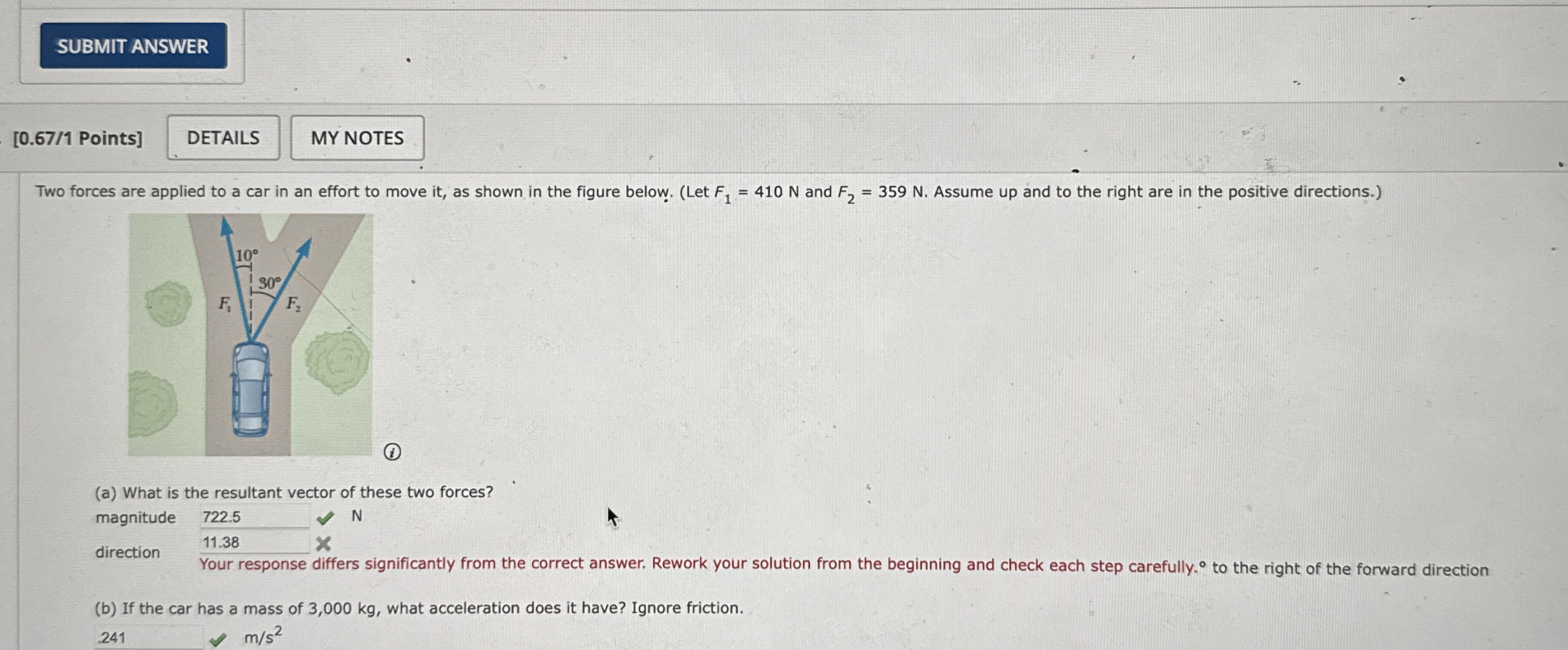 Solved [0.67/1 ﻿Points]Two forces are applied to a car in an | Chegg.com