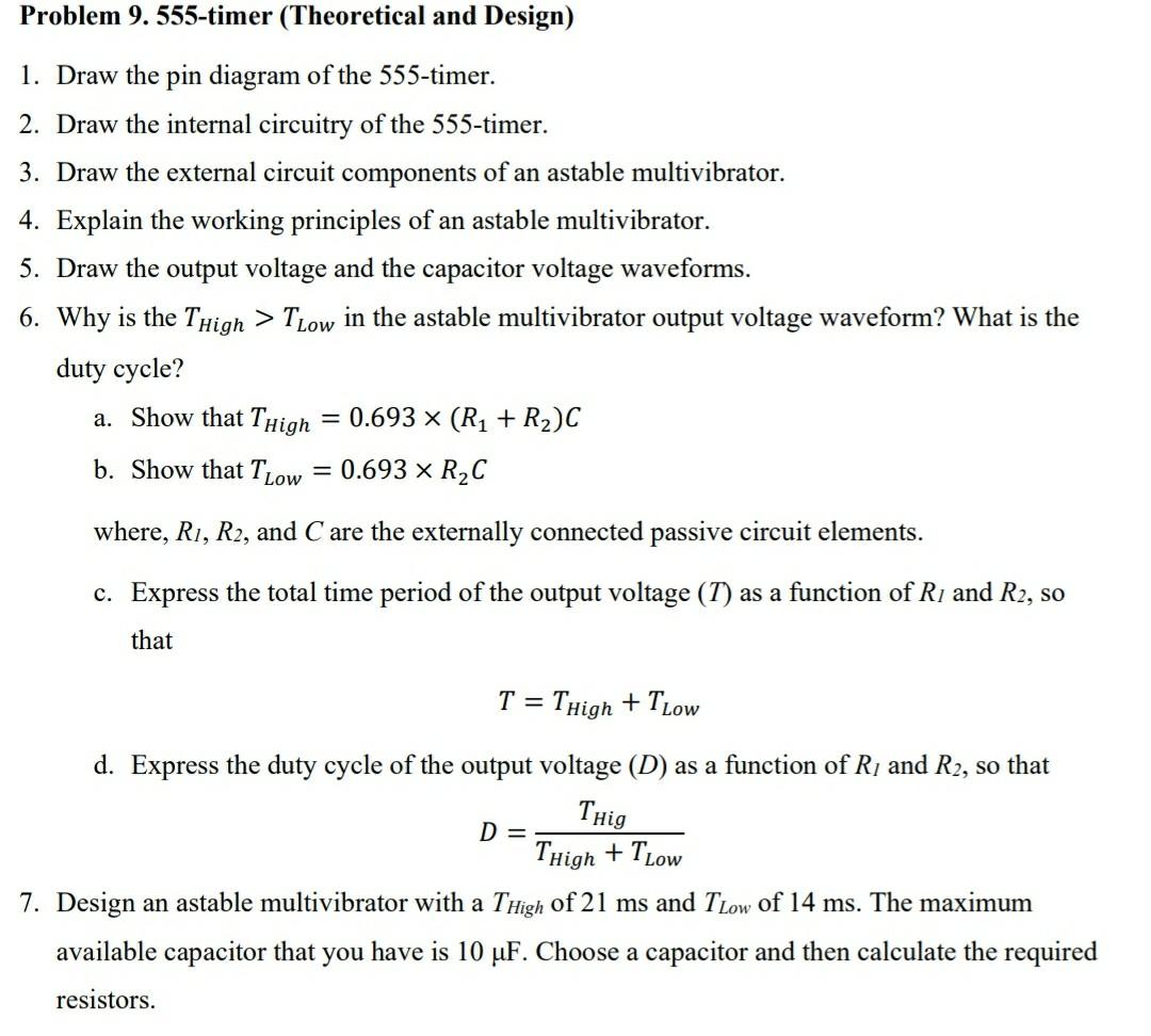 Solved Problem 9. 555-timer (Theoretical and Design) 1. Draw | Chegg.com