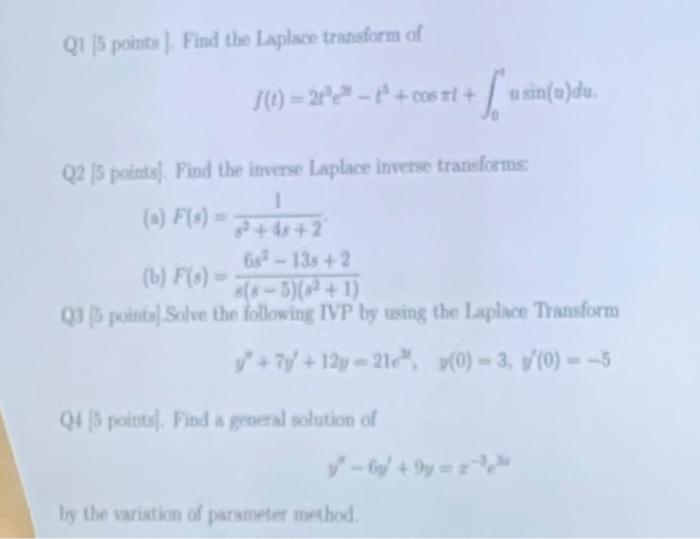 Solved Q1 5 points) Find the Laplace transform of FO) = 21°- | Chegg.com