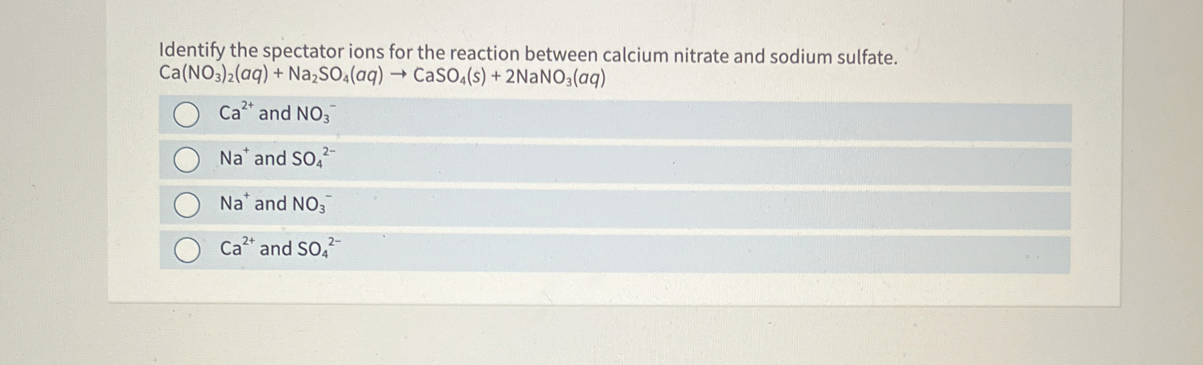 Solved Identify the spectator ions for the reaction between | Chegg.com
