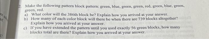 Solved 2. Make the following pattern block pattern: green, | Chegg.com