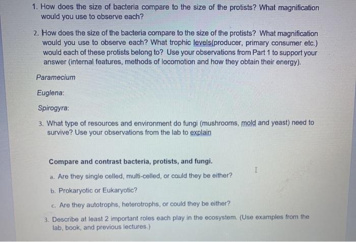 Solved 1. How does the size of bacteria compare to the size | Chegg.com