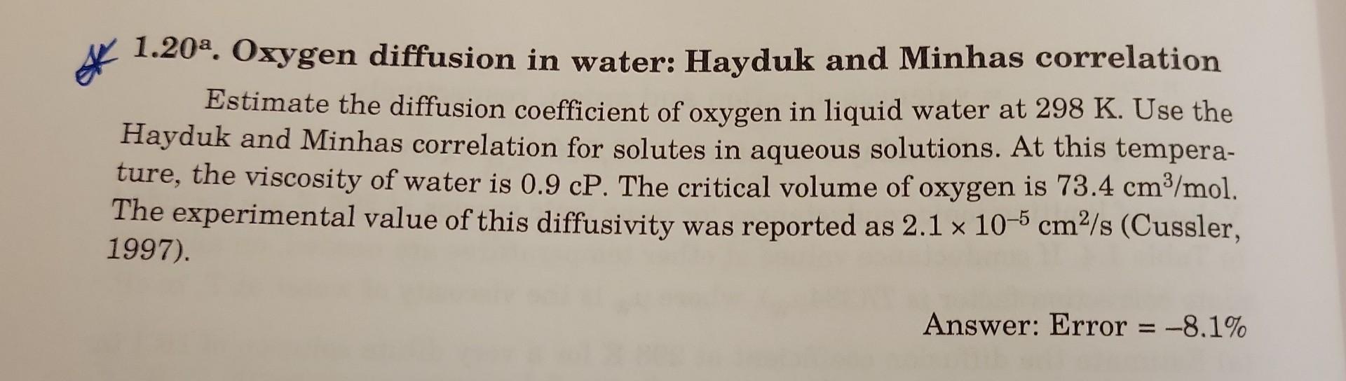 Solved 4 1.20a. Oxygen diffusion in water: Hayduk and Minhas | Chegg.com