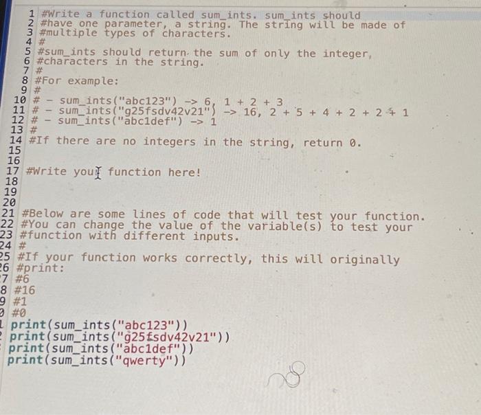Solved 1 Write a function called sum_ints. sum_ints should | Chegg.com