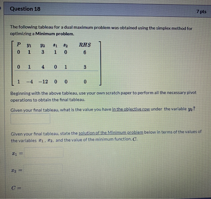 Solved Question 18 7 pts The following tableau for a dual | Chegg.com