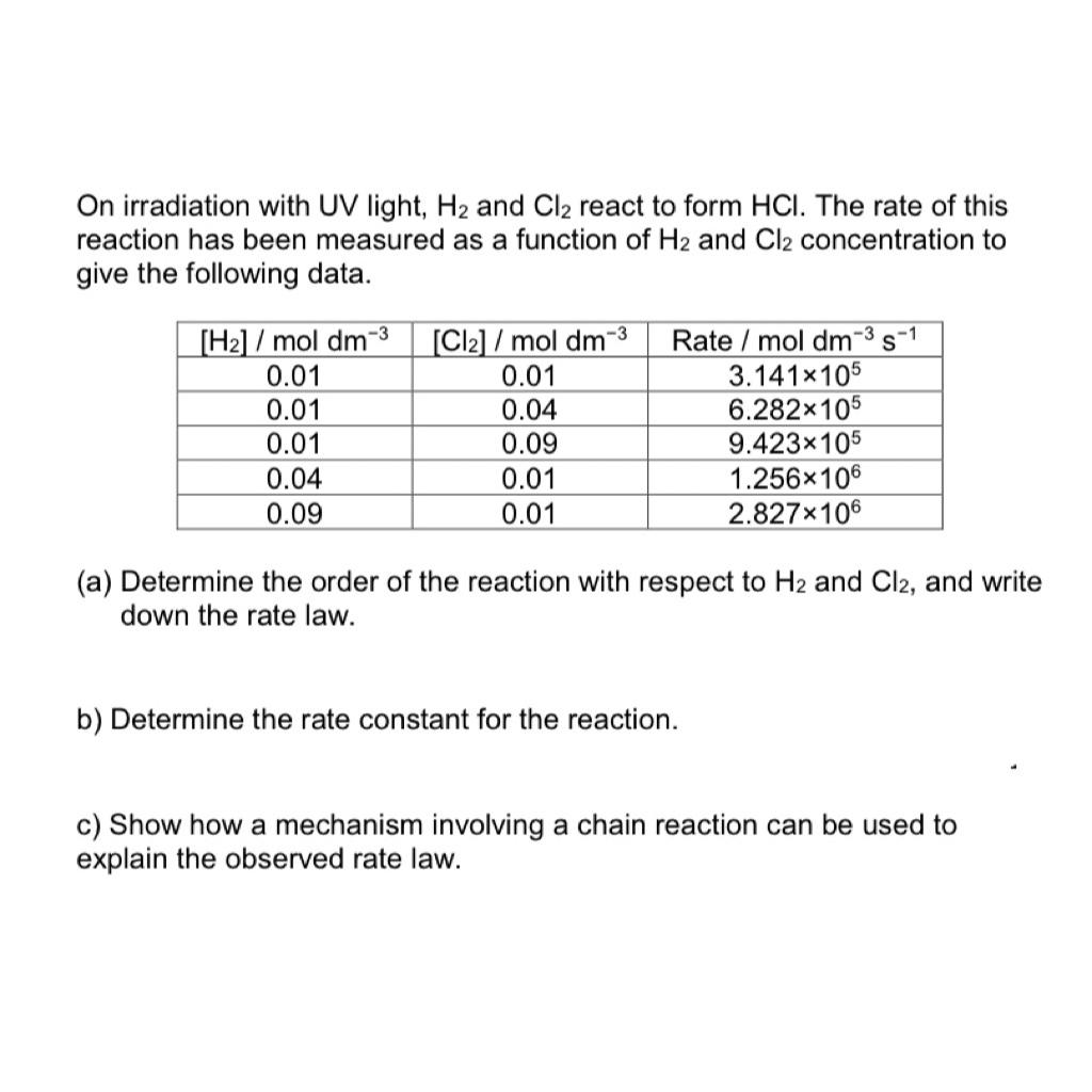 Solved On irradiation with UV light, H2 ﻿and Cl2 ﻿react to | Chegg.com