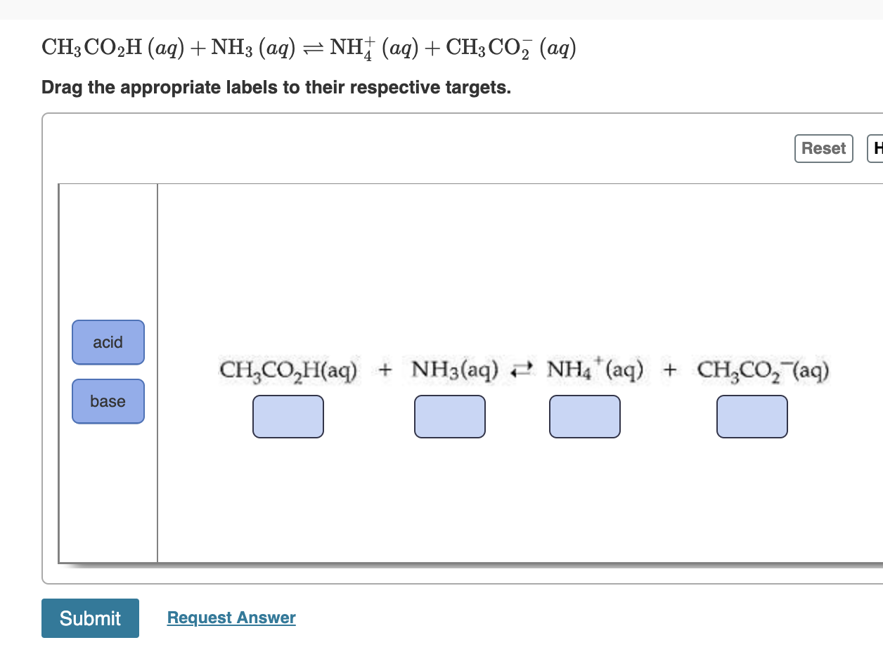Solved CH3CO2H(aq)+NH3(aq)⇌NH4+(aq)+CH3CO2-(aq)Drag the | Chegg.com