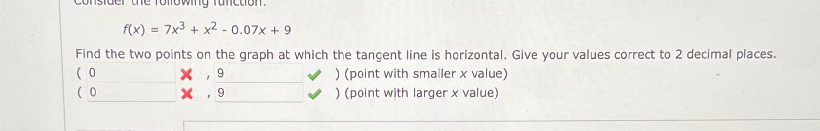 Solved f(x)=7x3+x2-0.07x+9Find the two points on the graph | Chegg.com