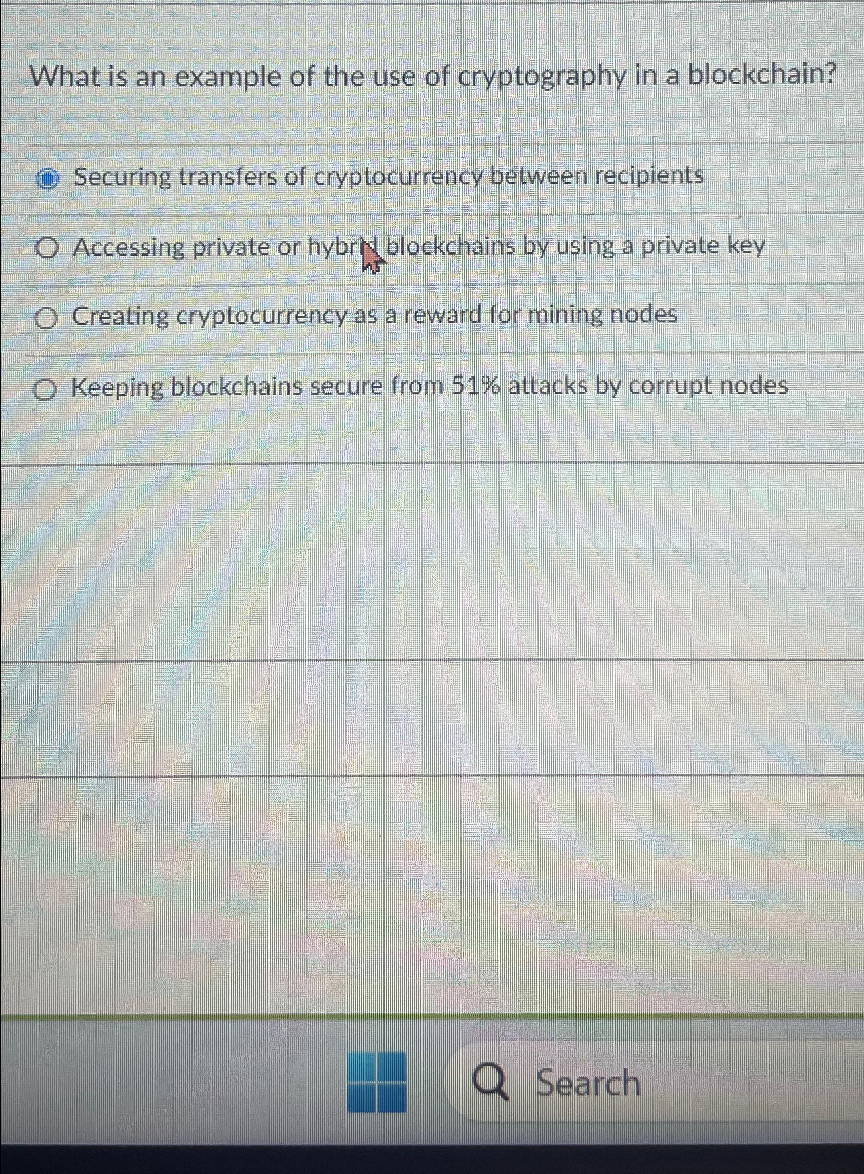 Solved What is an example of the use of cryptography in a | Chegg.com