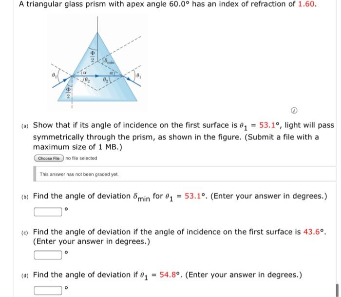 Solved A triangular glass prism with apex angle 60.0° has an | Chegg.com