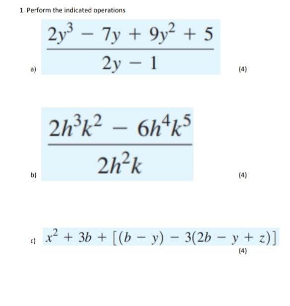 Solved 1. Perform the indicated operations a) b) 2y³ - 7y | Chegg.com