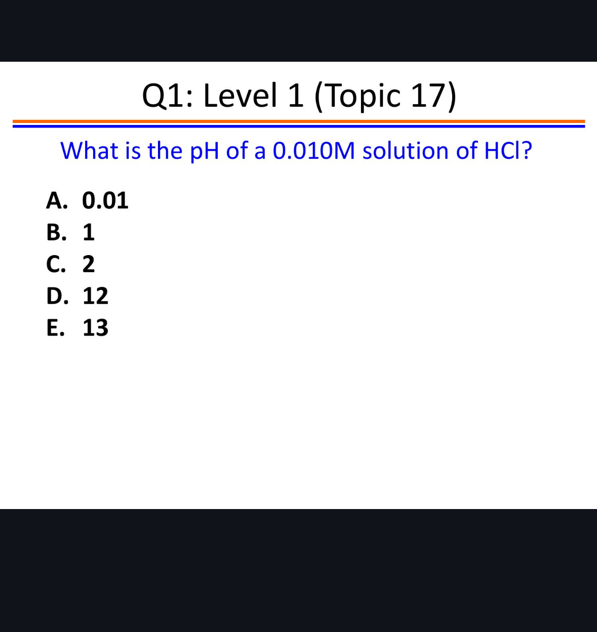 Solved Q1: Level 1 (Topic 17)What is the pH of a 0.010 ﻿M | Chegg.com
