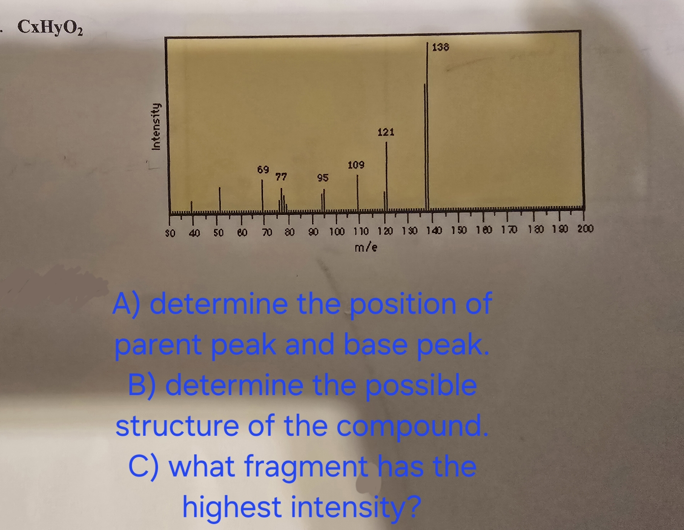Solved CxHyO2A) ﻿determine the position of parent peak and | Chegg.com