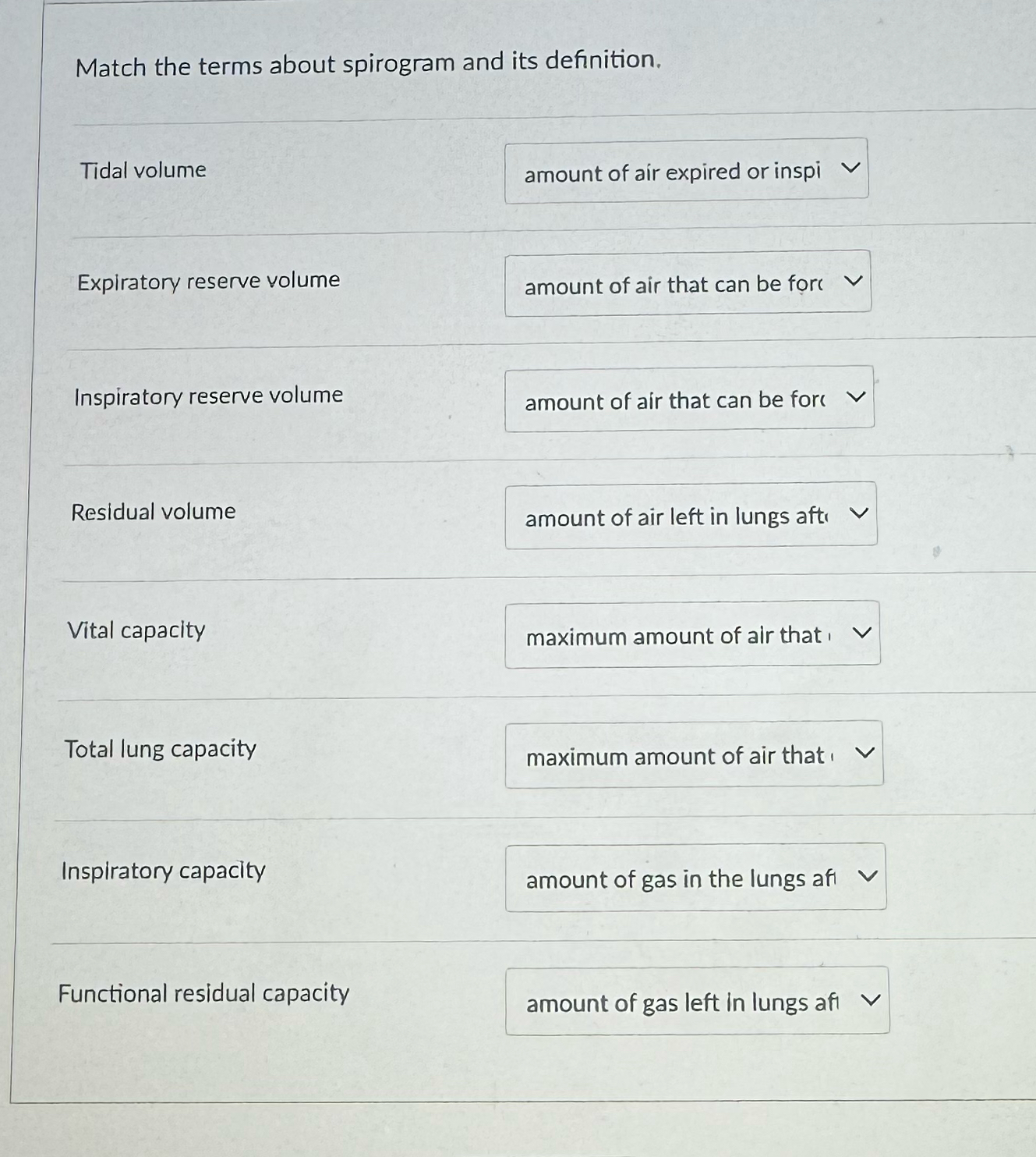 Solved Match the terms about spirogram and its | Chegg.com