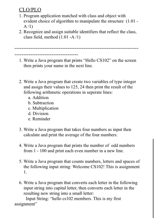 Solved CLO/PLO 1. Program application matched with class and | Chegg.com