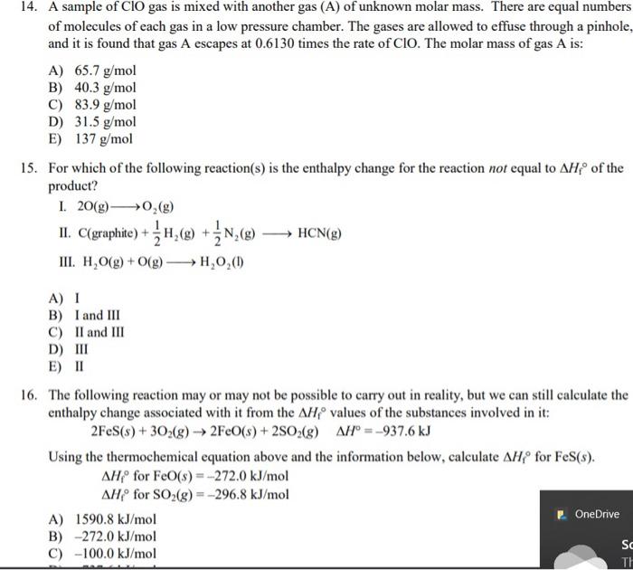 Solved 14. A sample of Clo gas is mixed with another gas (A) | Chegg.com