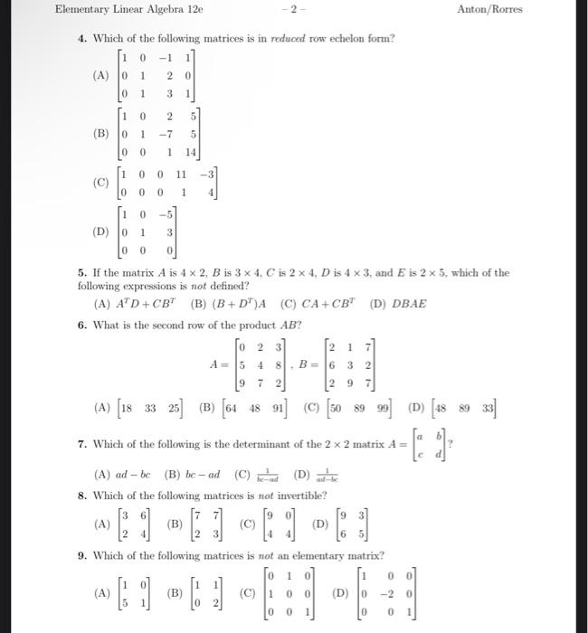 Solved 4. Which of the following matrices is in reduced row | Chegg.com