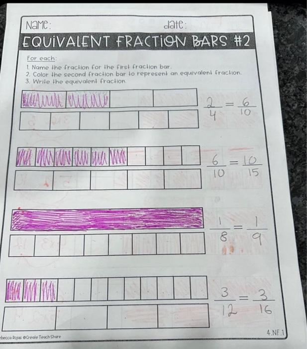 Solved NaMe: EQUIVALENT FRACTION BARS \#2 For each : | Chegg.com