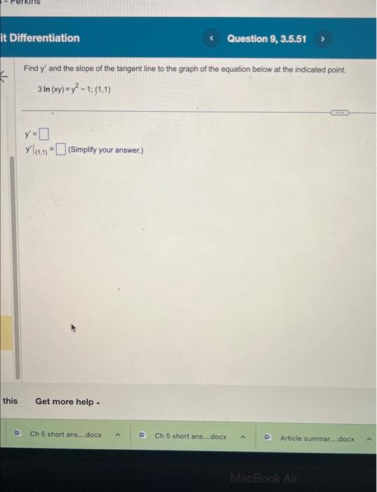 Solved Find y′ and the slope of the tangent line to the | Chegg.com