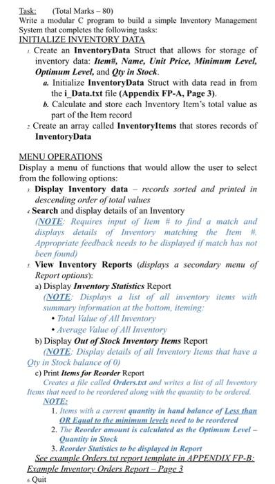 Task: Total Marks −80 ) Write a modular C program to | Chegg.com